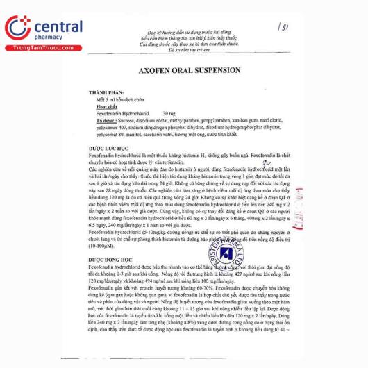 Thuốc Axofen điều trị viêm mũi dị ứng và nổi mề đay