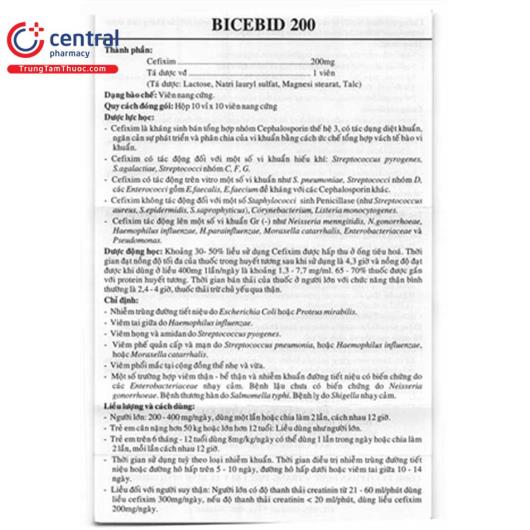 Thuốc Bicebid 200: Tác dụng, liều dùng và giá bán