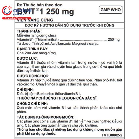 Thuốc Bvit 1 250mg điều trị bệnh Beriberi do thiếu vitamin B1