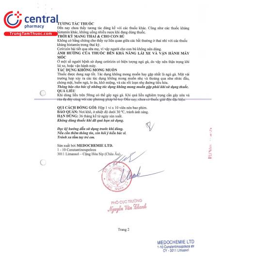 [CHÍNH HÃNG] Thuốc Cetimed (Cetirizine 10mg): Tác dụng, liều dùng
