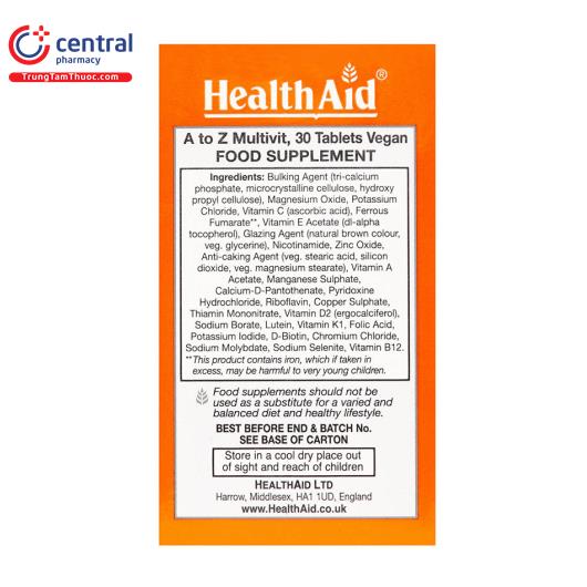 [CHÍNH HÃNG] Healthaid A To Z Multivit (30v) bổ sung vitamin
