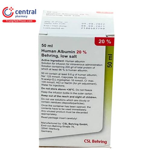 [CHÍNH HÃNG] Thuốc Human Albumin 20% Behring, Low Salt 50ml