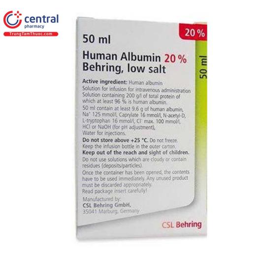 [CHÍNH HÃNG] Thuốc Human Albumin 20% Behring, Low Salt 50ml