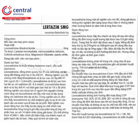Thuốc Lertazin 5mg điều trị viêm mũi dị ứng, mề đay vô căn mãn tính