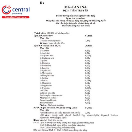 [CHÍNH HÃNG] Thuốc MG-TAN Inj. 360ml - Túi đạm truyền dinh dưỡng