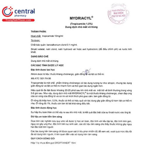 Thuốc Mydriacyl 1%: Tác dụng, liều dùng, chống chỉ định