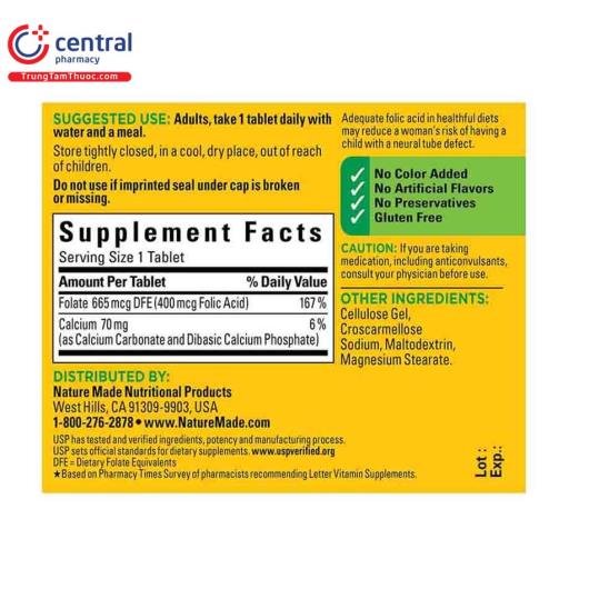[CHÍNH HÃNG] Thuốc Nature Made Folic Acid 400 mcg (665 mcg DFE)