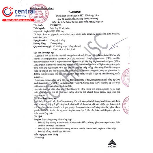 Thuốc Pargine điều trị duy trì tăng amoniac máu, rối loạn khó tiêu
