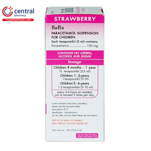 Siro Sara Hương Dâu 60ml hỗ trợ giảm đau, hạ sốt cho trẻ nhỏ