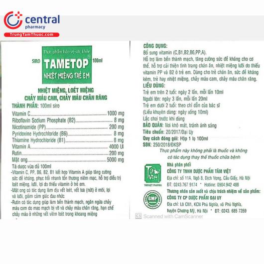 Siro Tametop 100ml điều trị nhiệt miệng, loét miệng, chảy máu cam