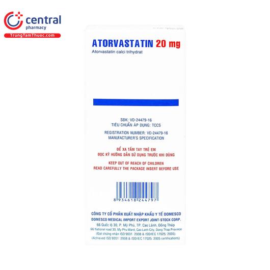 [CHÍNH HÃNG] Thuốc Atorvastatin 20 mg Domesco hạ mỡ máu hiệu quả
