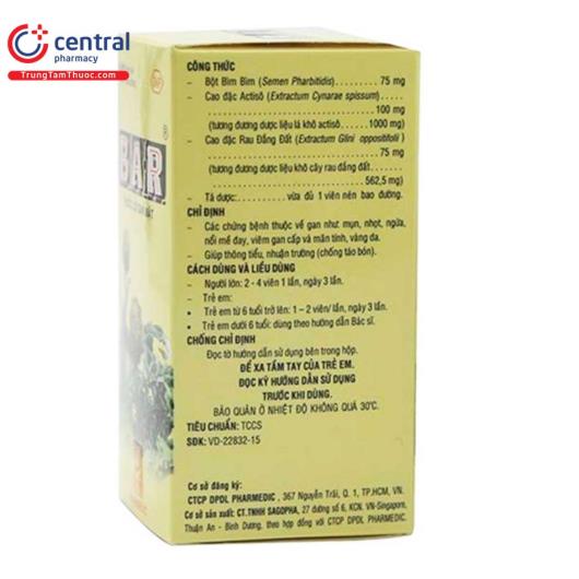 [CHÍNH HÃNG] Thuốc Lợi Gan Mật Bar (180 viên) mát gan, giải độc gan