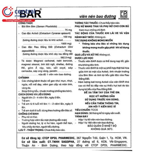 [CHÍNH HÃNG] Thuốc Lợi Gan Mật Bar (180 viên) mát gan, giải độc gan