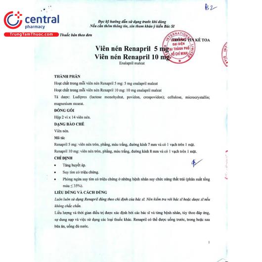 Thuốc Renapril 10mg: công dụng, cách dùng và lưu ý khi sử dụng