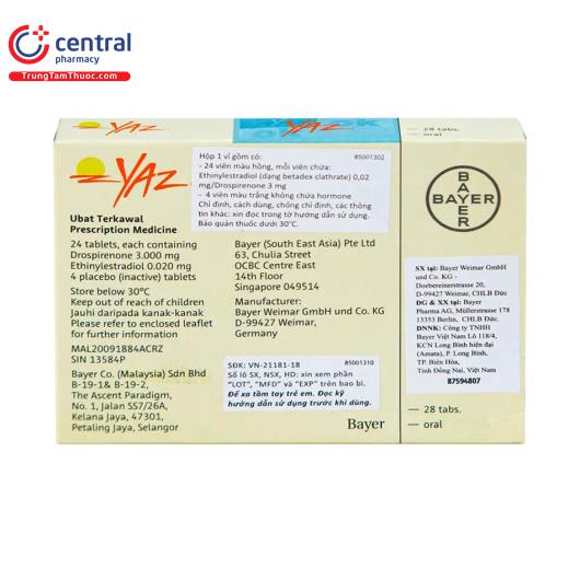 [CHÍNH HÃNG] Thuốc tránh thai hằng ngày Yaz của Bayer