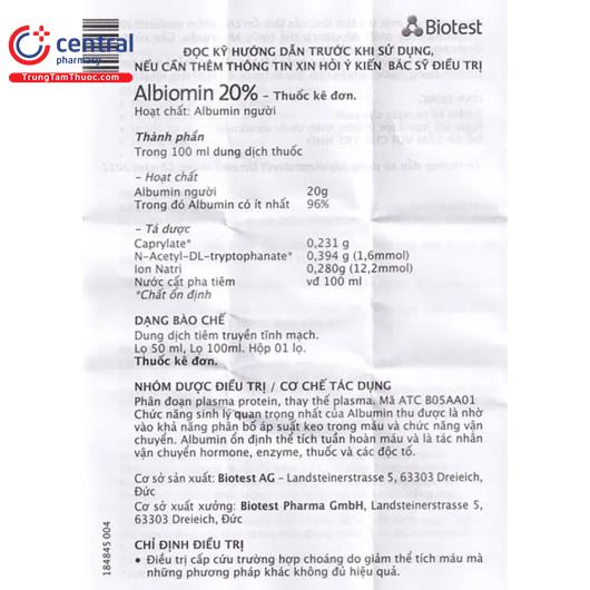 [CHÍNH HÃNG] Thuốc Albiomin 20% 50mL: Bổ sung albumin tức thì