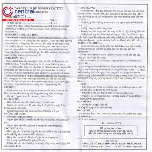 [CHÍNH HÃNG] Thuốc Paracold 500 Effervescent - giảm đau nhanh chóng