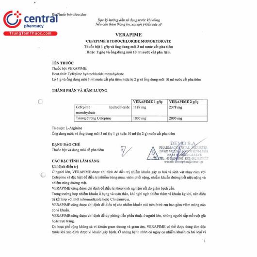 Thuốc Verapime 2g điều trị các tình trạng nhiễm khuẩn hiệu quả