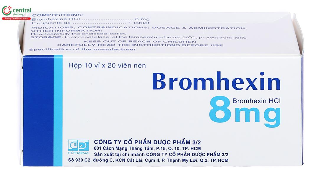 Thuốc Bromhexin 8mg F.T Pharma làm loãng đờm, điều trị tăng tiết dịch ...