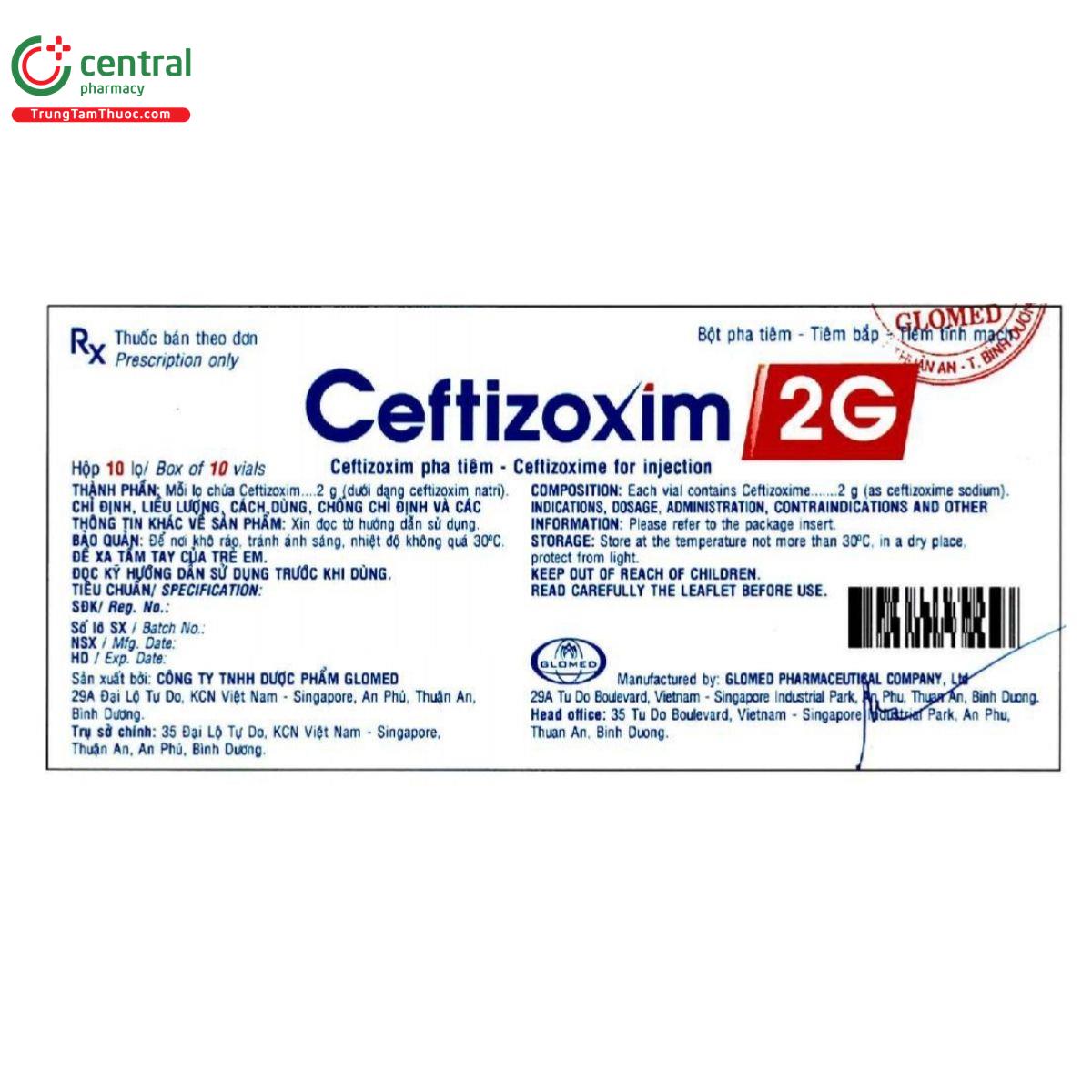 Thuốc Ceftizoxim 2g Glomed: Kháng sinh điều trị các nhiễm khuẩn nặng