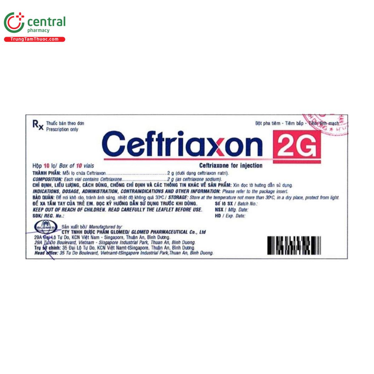 Thuốc Ceftriaxon 2g Glomed trị nhiễm khuẩn nặng do vi khuẩn nhạy cảm
