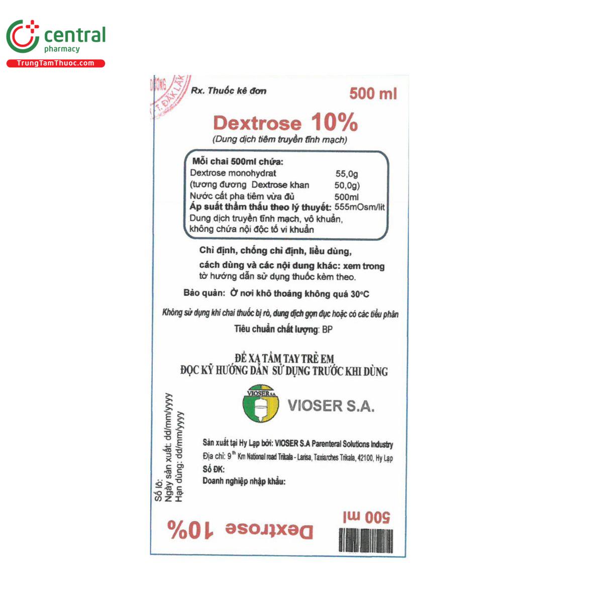 Thuốc Dextrose 10% Vioser S.A bù nước, phòng và điều trị hạ đường huyết