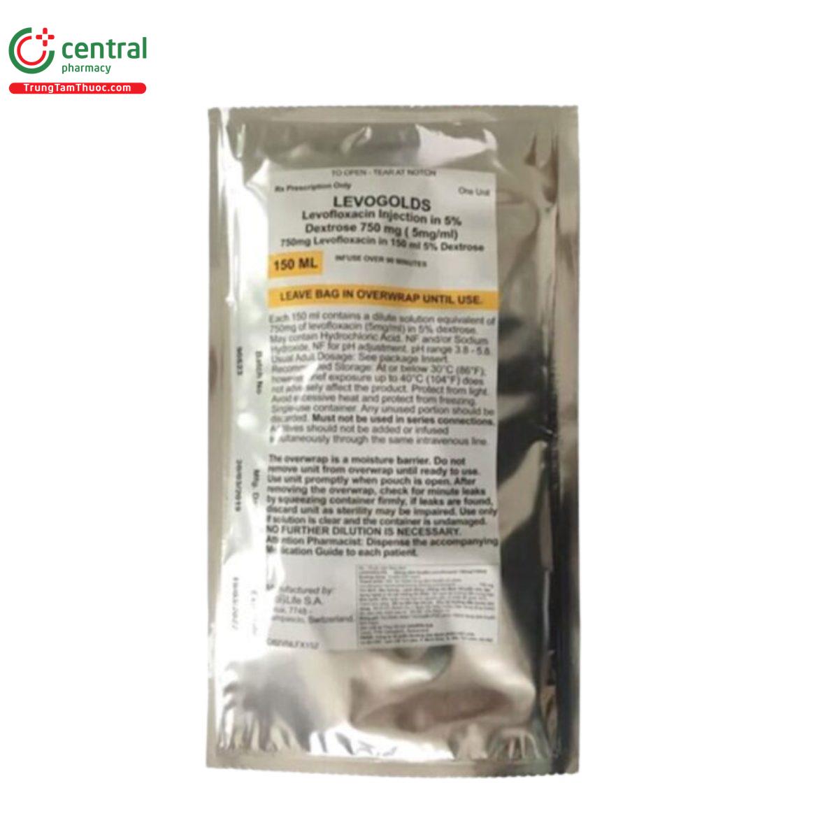 Thuốc Levogolds 750mg/150ml - trị viêm phổi cộng đồng, nhiễm khuẩn da