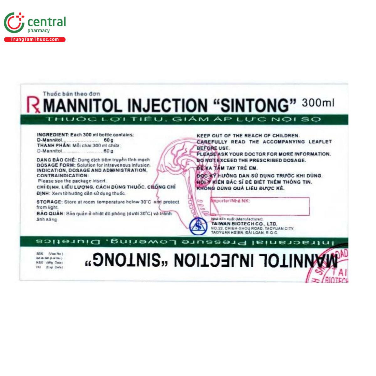 Thuốc Mannitol Injection Sintong giúp giảm áp lực nội sọ, nhãn cầu