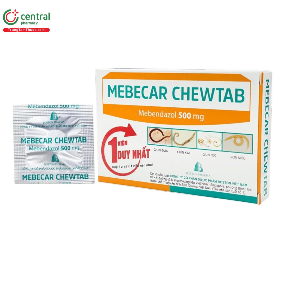 Thuốc Mebecar Chewtab 500mg điều trị trường hợp nhiễm giun đường ruột