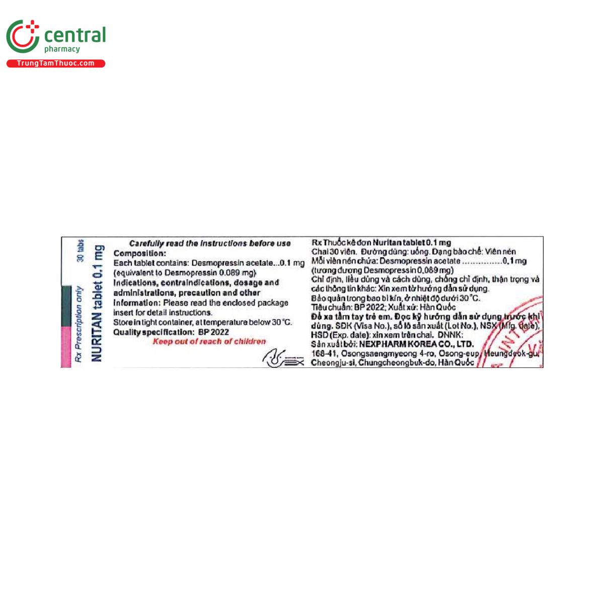 Thuốc Nuritan Tablet 0.1mg điều trị đái tháo nhạt trung ương