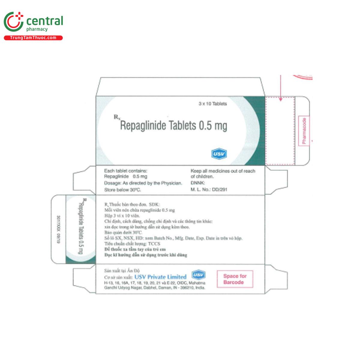 Thuốc Repaglinide 0.5mg USV Pharma - Điều trị đái tháo đường tuýp 2