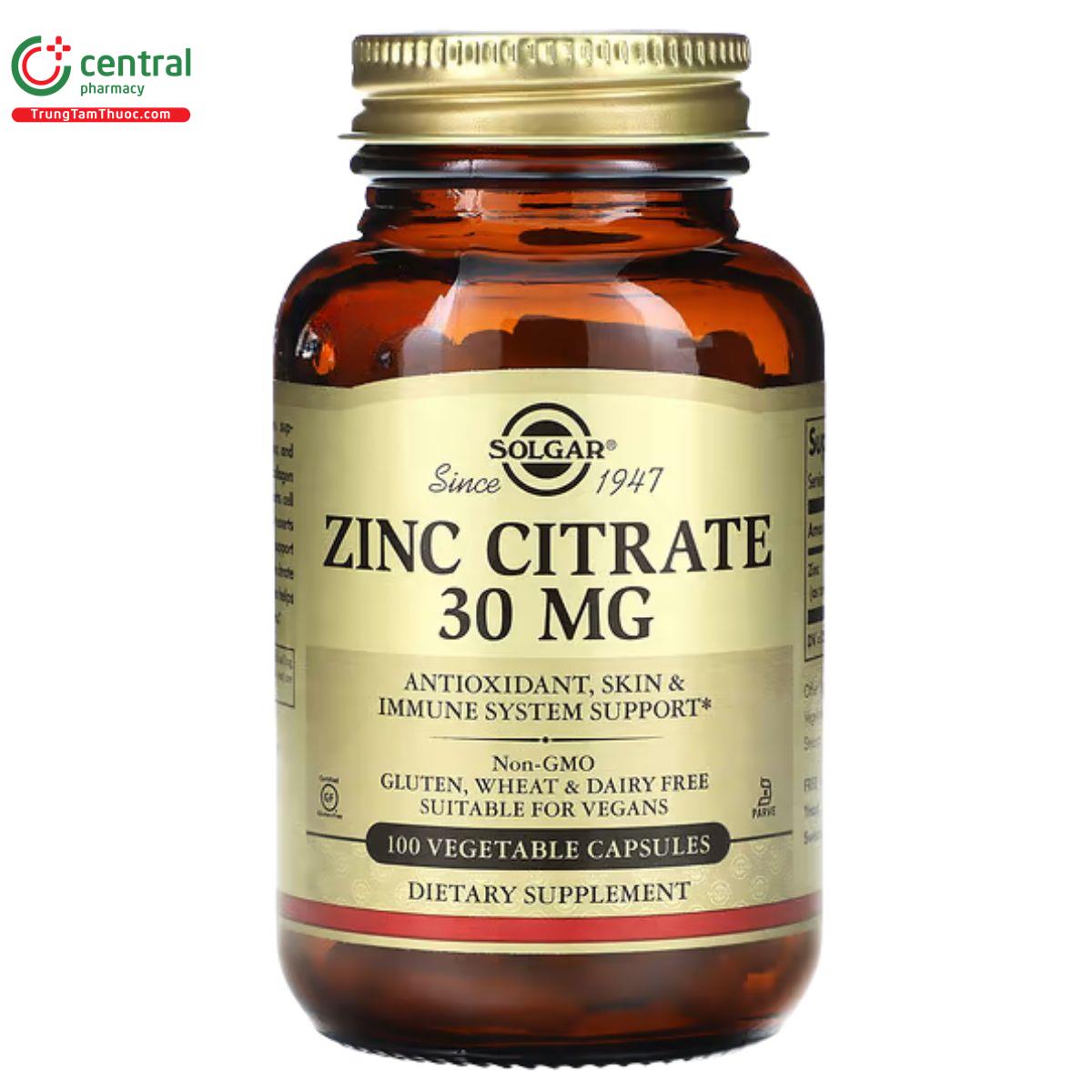 Solgar Zinc Citrate 30mg hỗ trợ ngăn ngừa lão hóa, tăng cường đề kháng