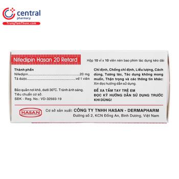[CHÍNH HÃNG] Thuốc Nifedipin Hasan 20 Retard: tác dụng, giá bán