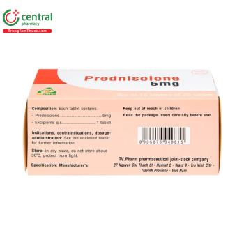 Thuốc Prednisolone 5mg T.V Pharma viên nén - Ức chế miễn dịch, chống viêm