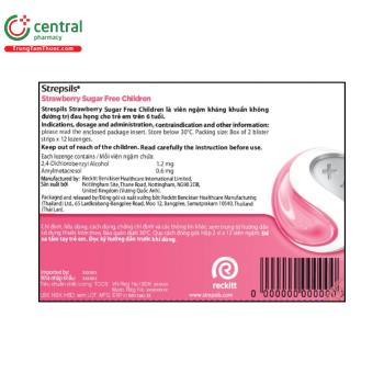 Thuốc Strepsils Strawberry Sugar Free Children giảm đau họng, kháng khuẩn