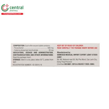 Thuốc Dopagan-Codein Effervescent giảm đau cấp tính mức trung bình