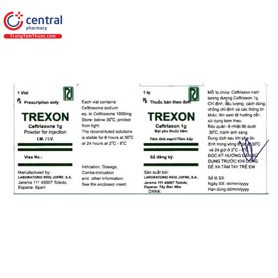 [CHÍNH HÃNG] Thuốc Trexon 1g - thuốc tiêm điều trị nhiễm khuẩn