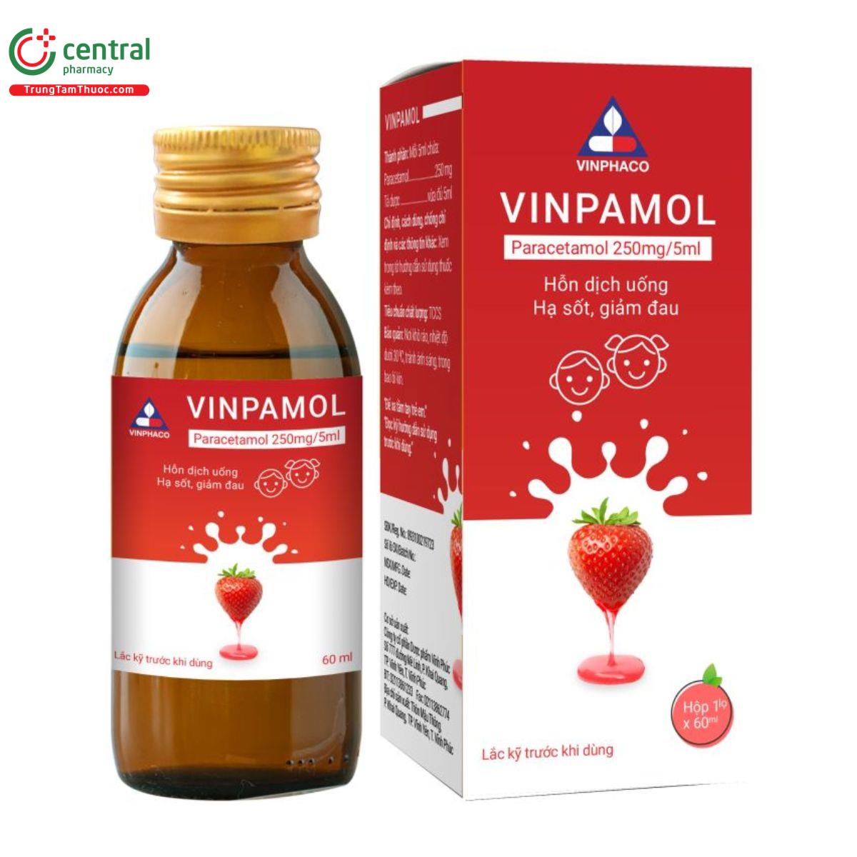 Thuốc Vinpamol 250mg/5ml hộp 60ml hương dâu giúp hạ sốt, giảm đau